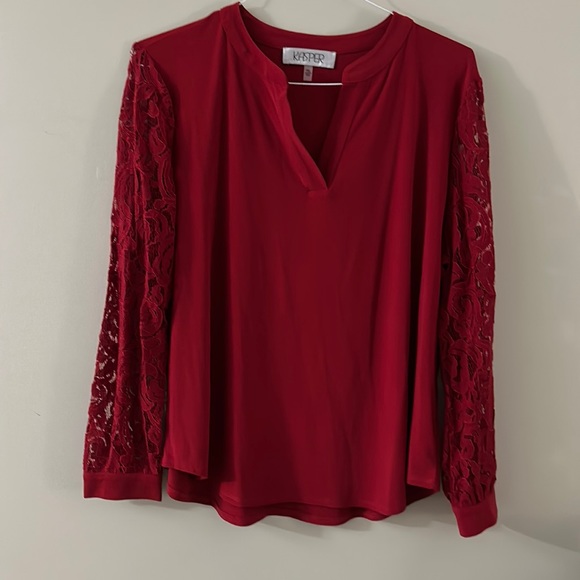 Kasper | Tops | Kasper Red Long Sleeve Blouse See Thru Sleeves | Poshmark